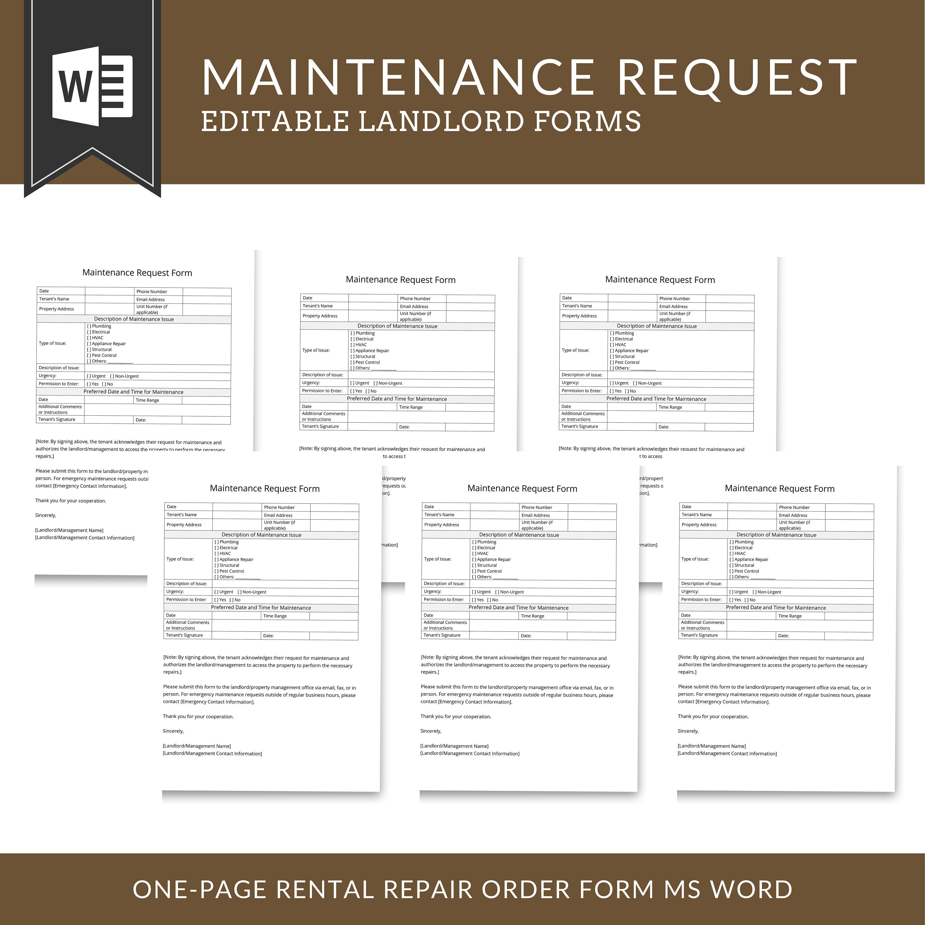 Maintenance Request Form Editable in MS Word | Printable PDF| Tenancy ...