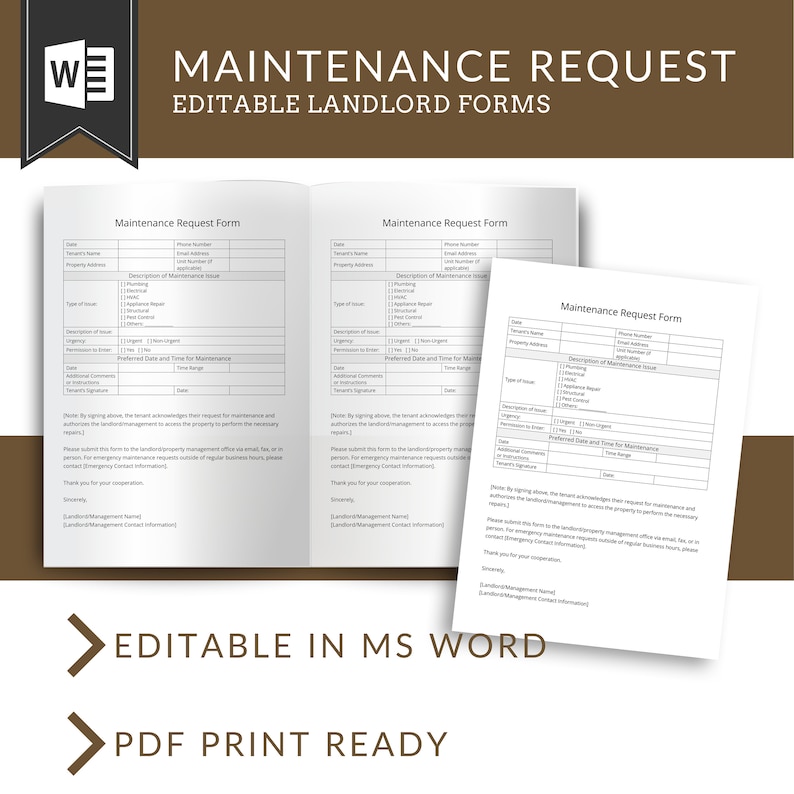 Maintenance Request Form Editable in MS Word | Printable PDF| Tenancy ...