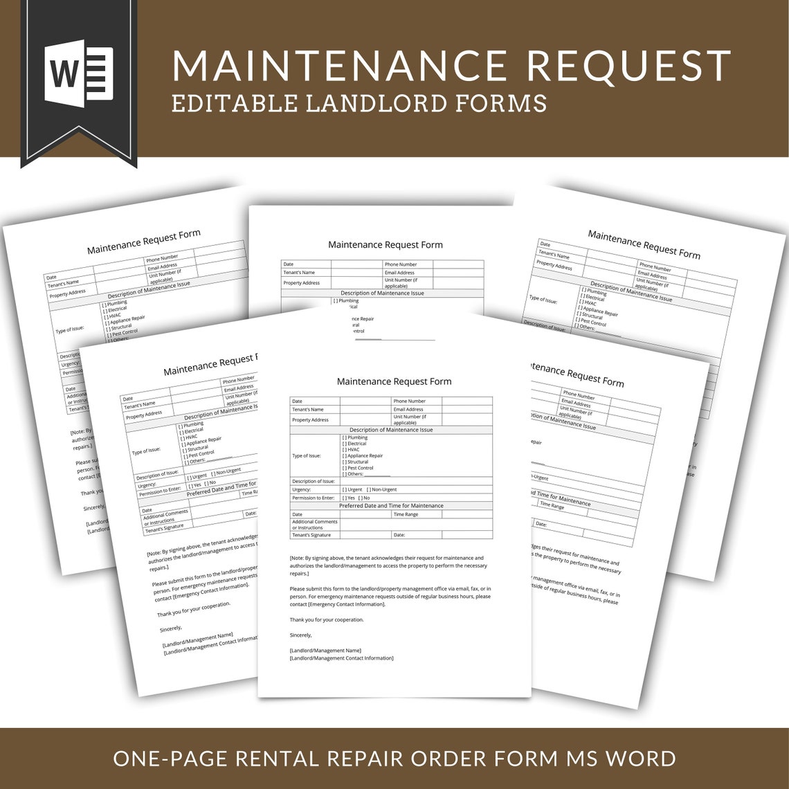 Maintenance Request Form Editable in MS Word | Printable PDF| Tenancy ...