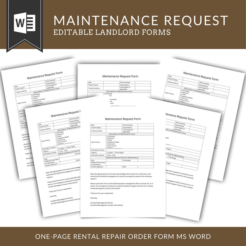 Maintenance Request Form Editable in MS Word | Printable PDF| Tenancy ...