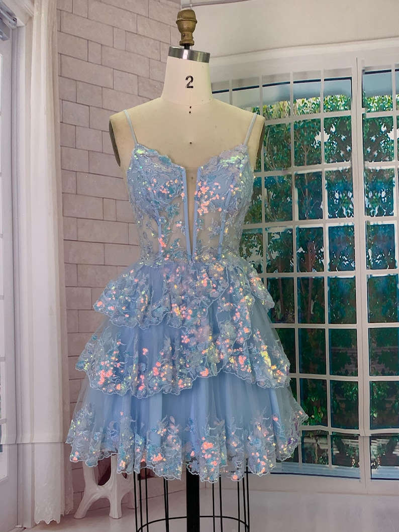 Handmade Light Blue Layered Tulle Short Dress With Iridescent Sequin ...