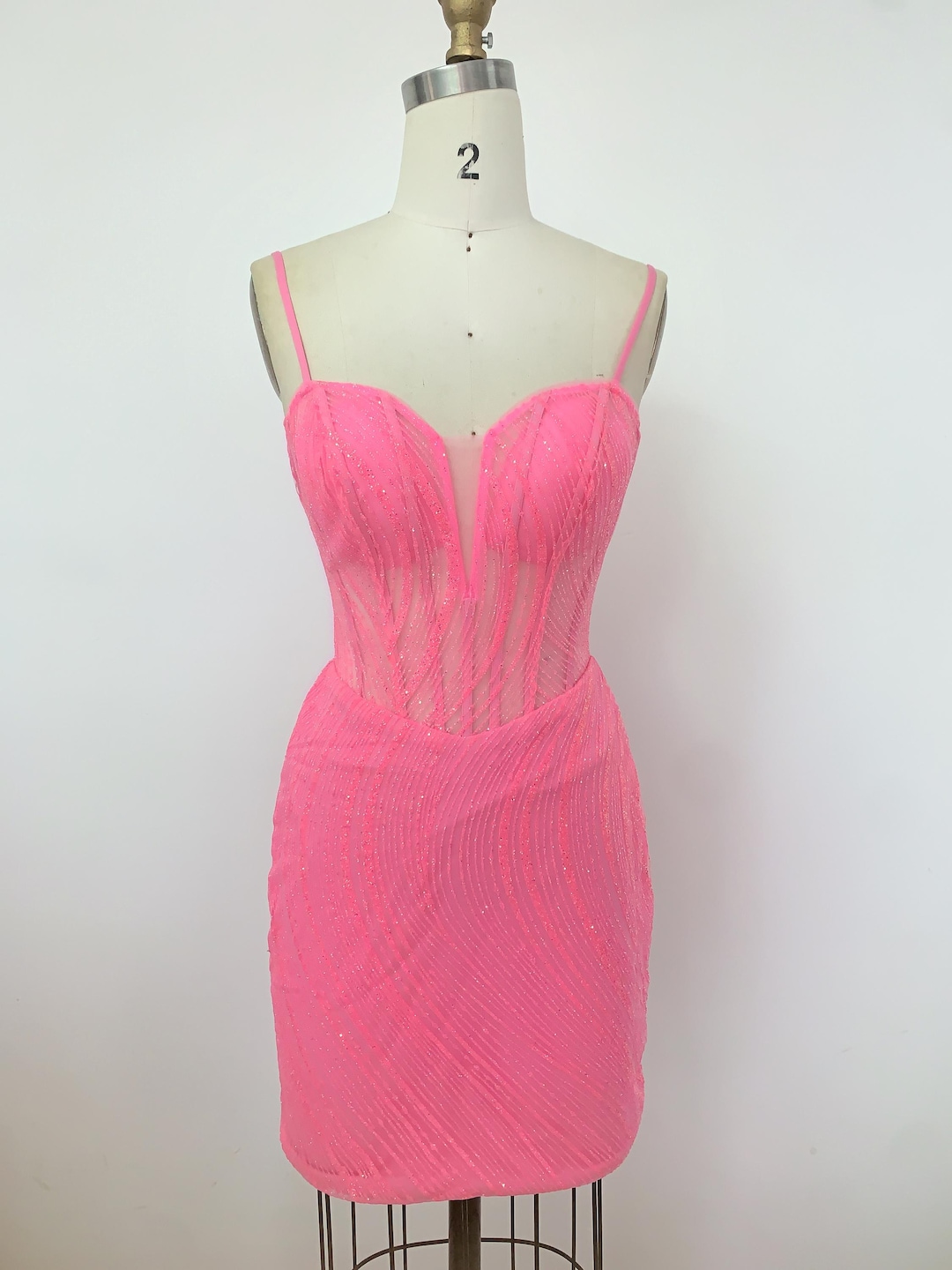 Handmade Vibrant Pink Sheer Wave Mini Dress - Lace-up Back Design ...