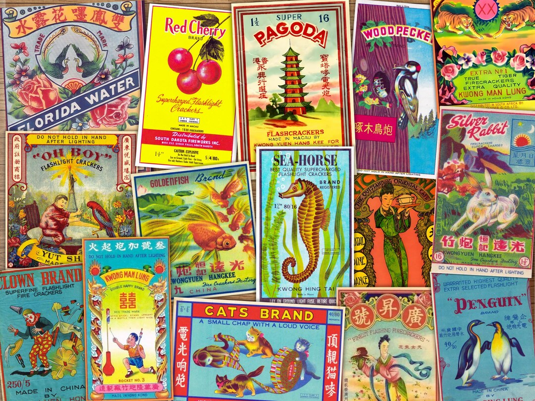 Chinese Firecracker Labels Ephemera | Old Shanghai Retro Graphic ...