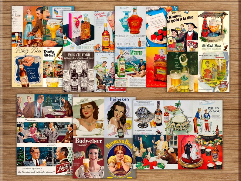 Vintage Alcohol Beer Whisky Ads Collage Printable | Retro Liquor ...