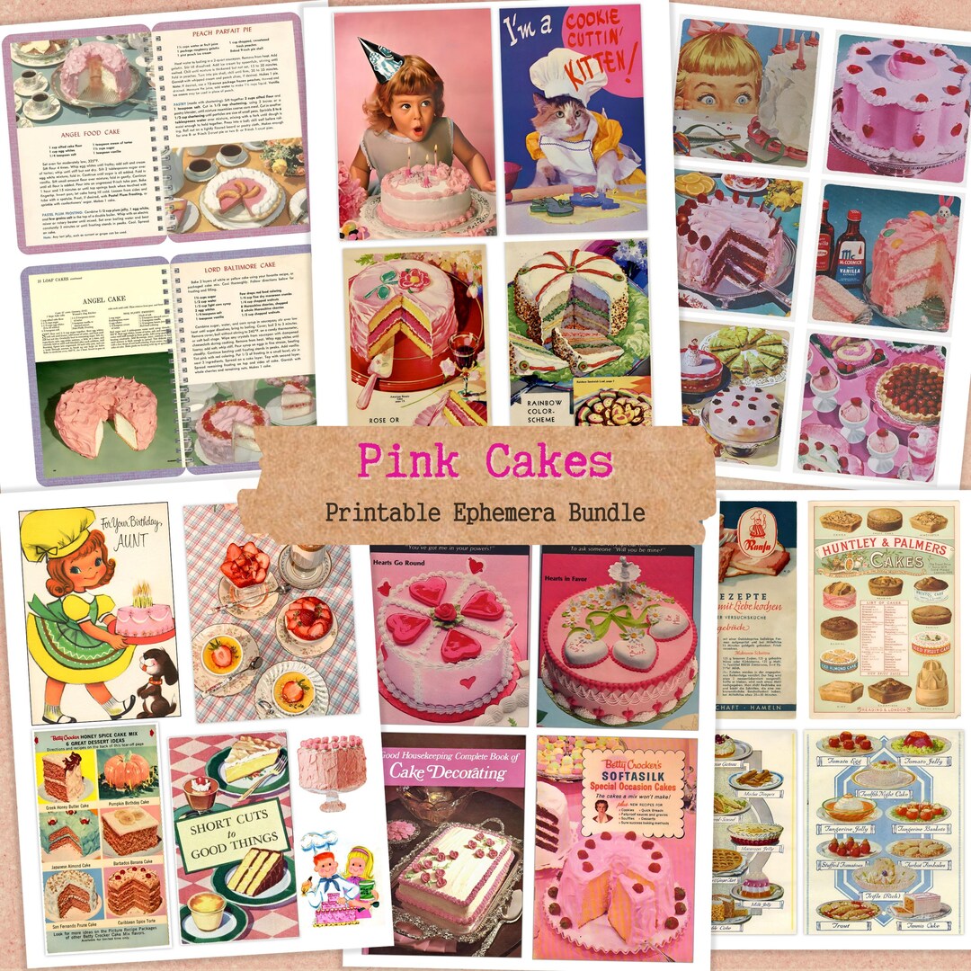Vintage Aesthetic Pink Cake Ephemera Printable Retro Graphic Bakery ...