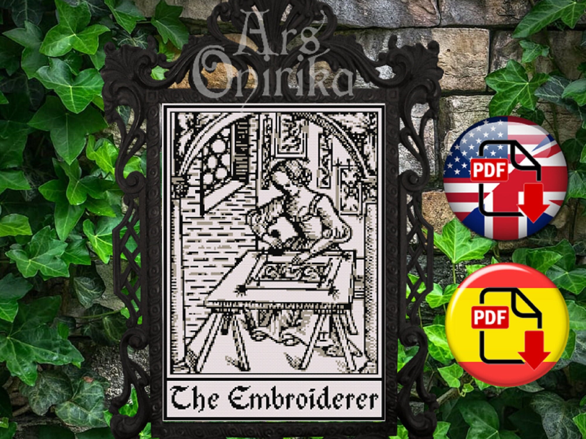 The Embroiderer - Medieval Cross Stitch Pattern (PDF) - Vintage Sampler ...