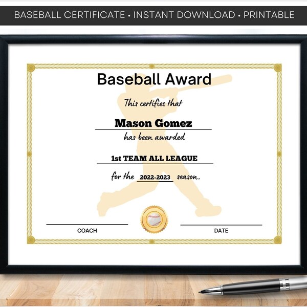 Baseball Certificate - Etsy