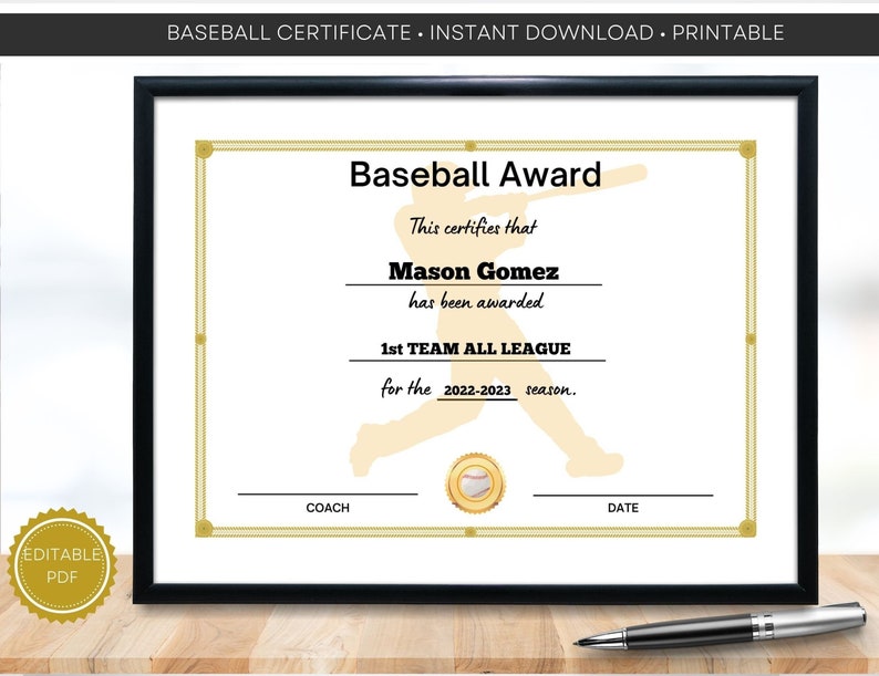 Baseball Certificate Sports Certificates Sports Award - Etsy