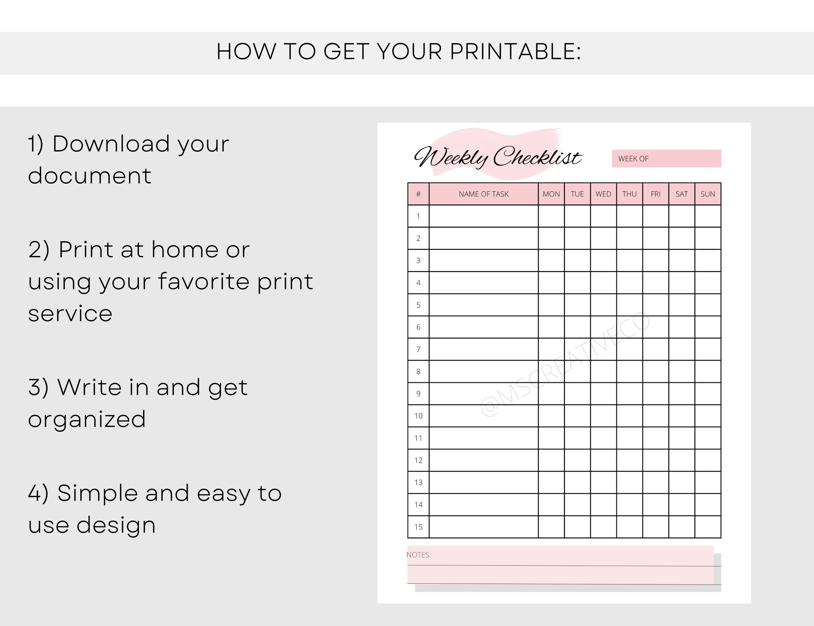 Weekly Checklist Printable | Weekly to Do List Checklist | Weekly List ...