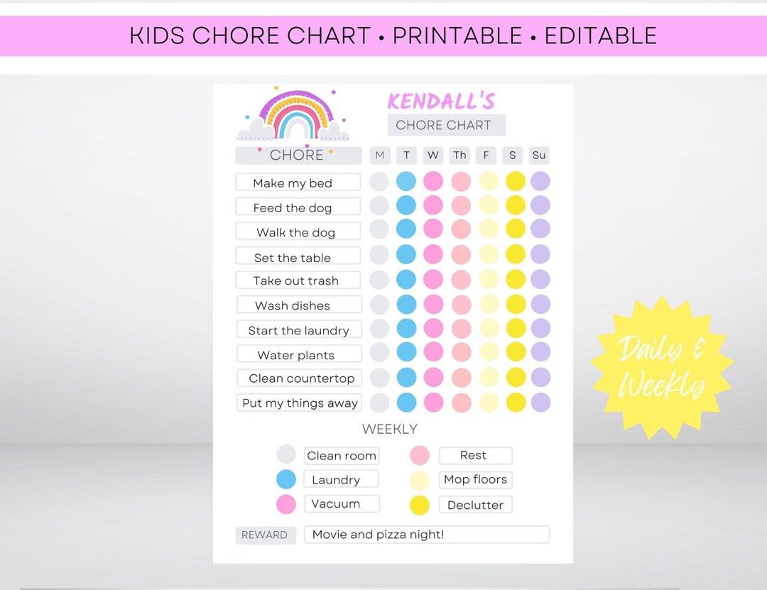 Girl's Chore Chart | Rainbow Chore Chart | Editable | Kid's Schedule ...