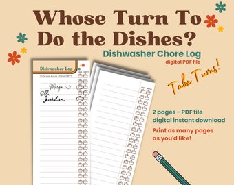 Dishwasher Log Chore Chart for Dishes - Printable PDF Download - Black ...