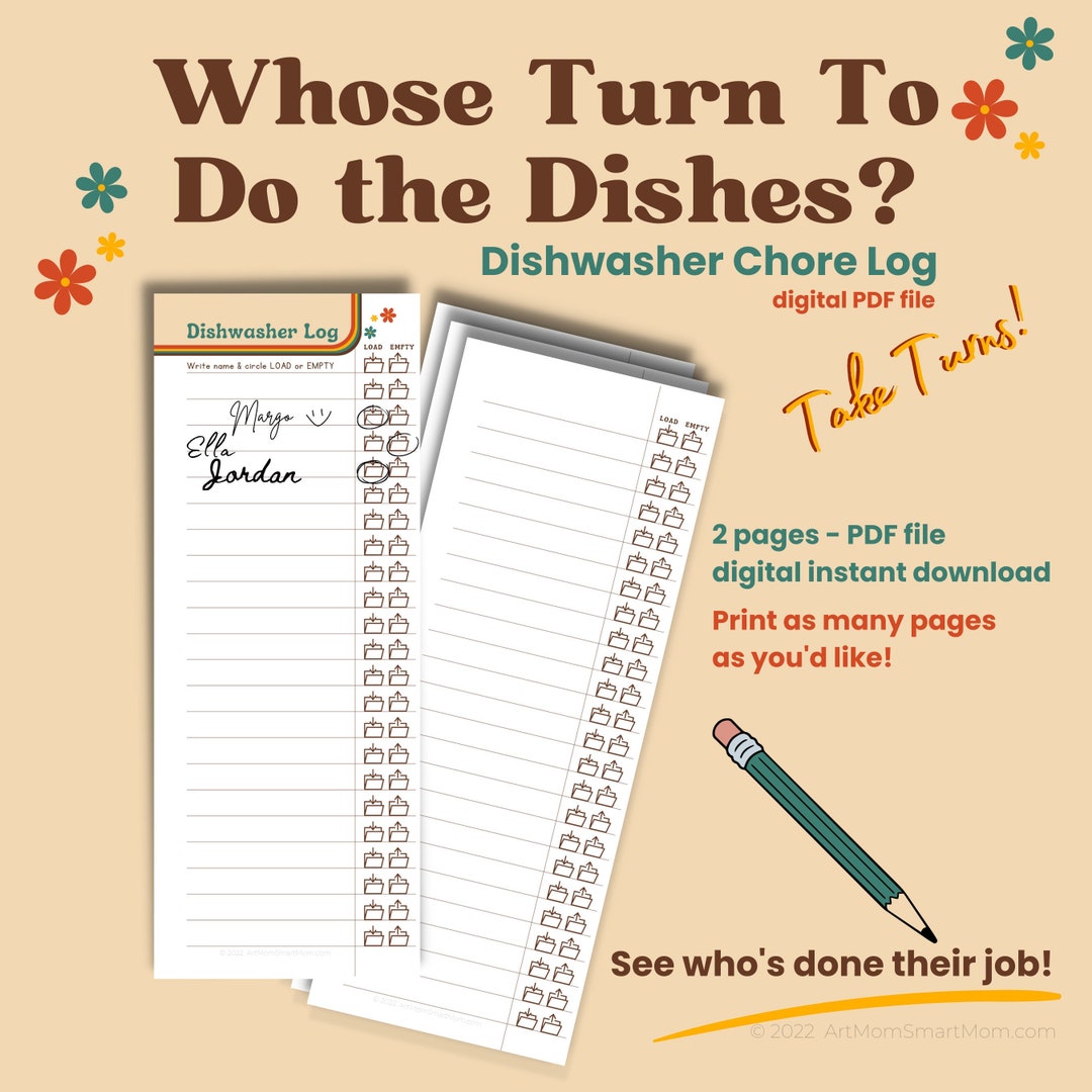 Dishwasher Log Chore Chart for Dishes - Retro Printable PDF Download ...