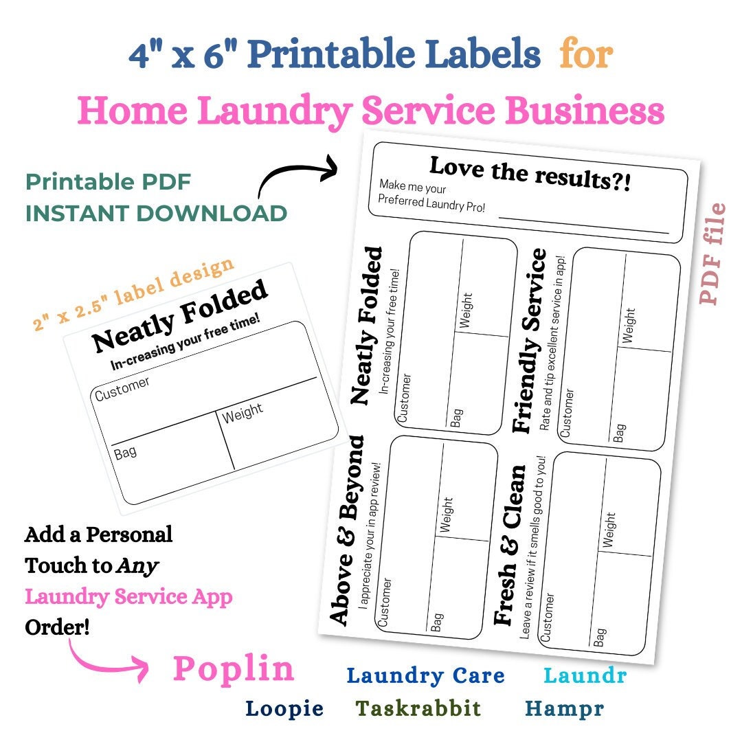 Printable 2" Labels for WASH & FOLD Business - Laundry Service App Bag ...