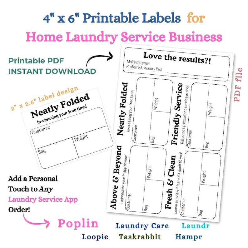 Printable 2 Labels for WASH & FOLD Business Laundry Service App Bag ...