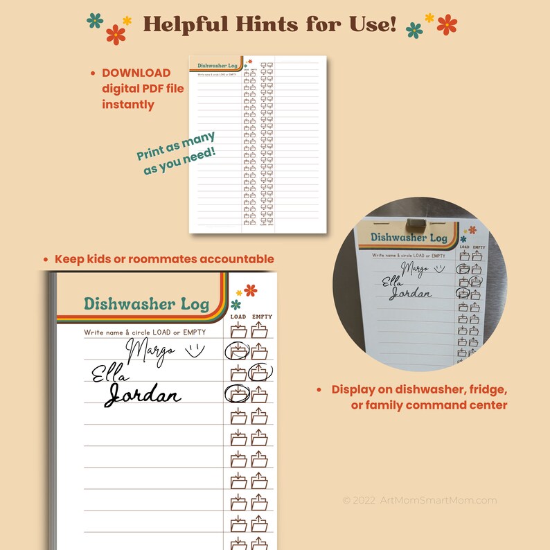 Dishwasher Log Chore Chart for Dishes - Retro Printable PDF Download ...