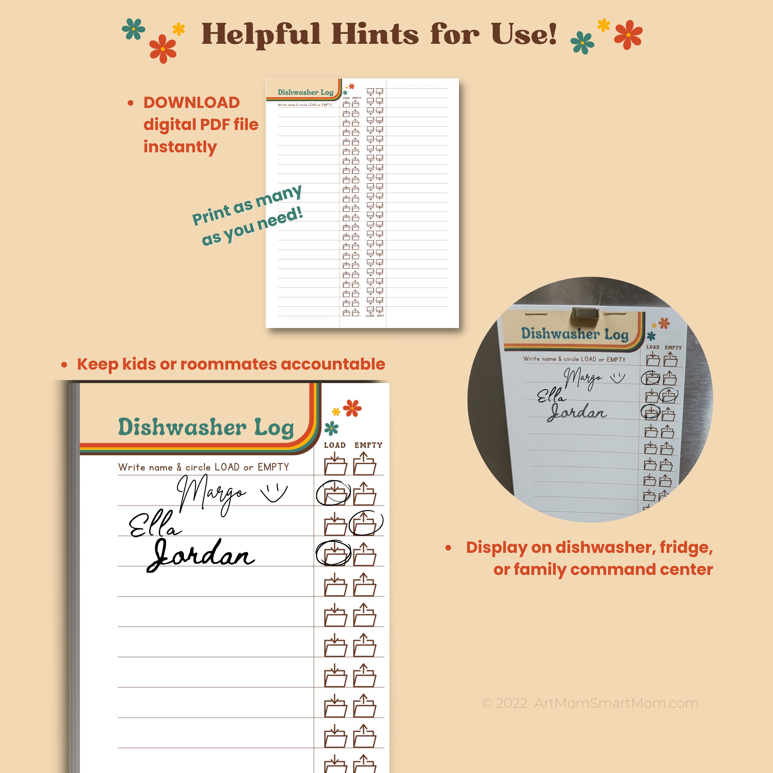 Dishwasher Log Chore Chart for Dishes - Retro Printable PDF Download ...