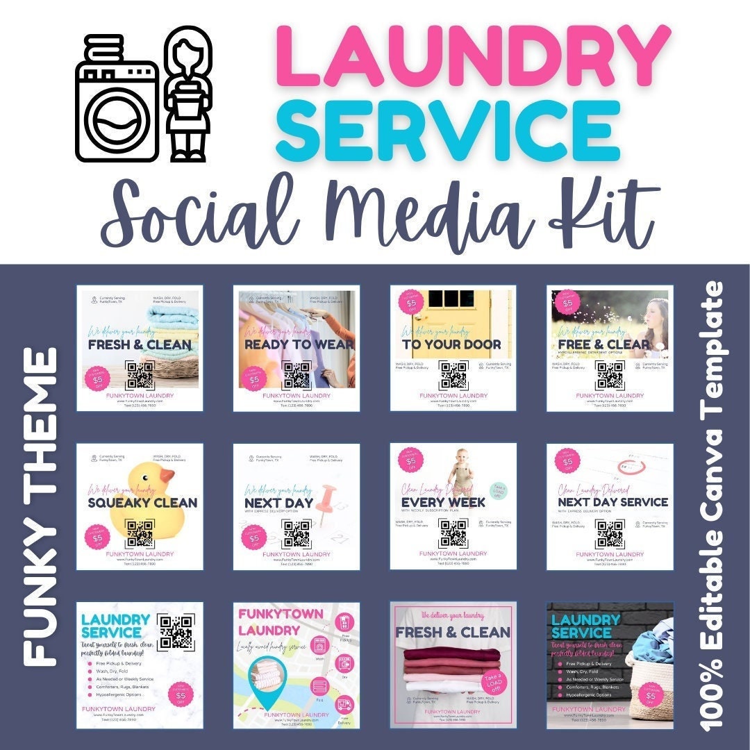 Laundry Service Social Media Kit - Editable Canva Template W 12 Social ...