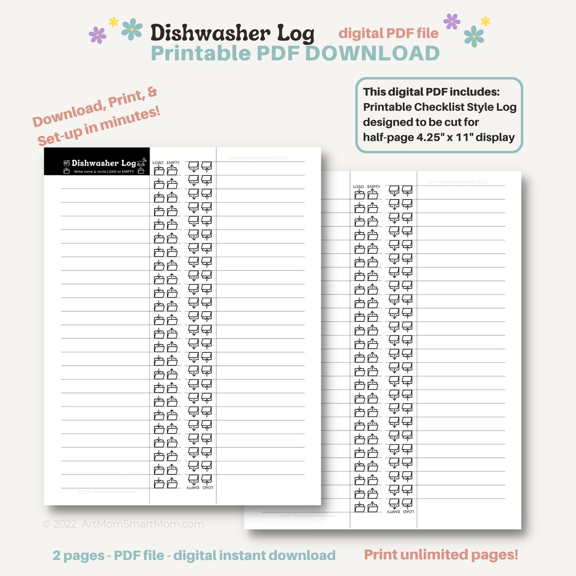Dishwasher Log Chore Chart for Dishes - Printable PDF Download - Black ...