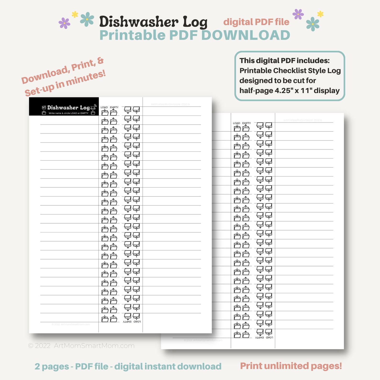 Dishwasher Log Chore Chart for Dishes - Printable PDF Download - Black ...