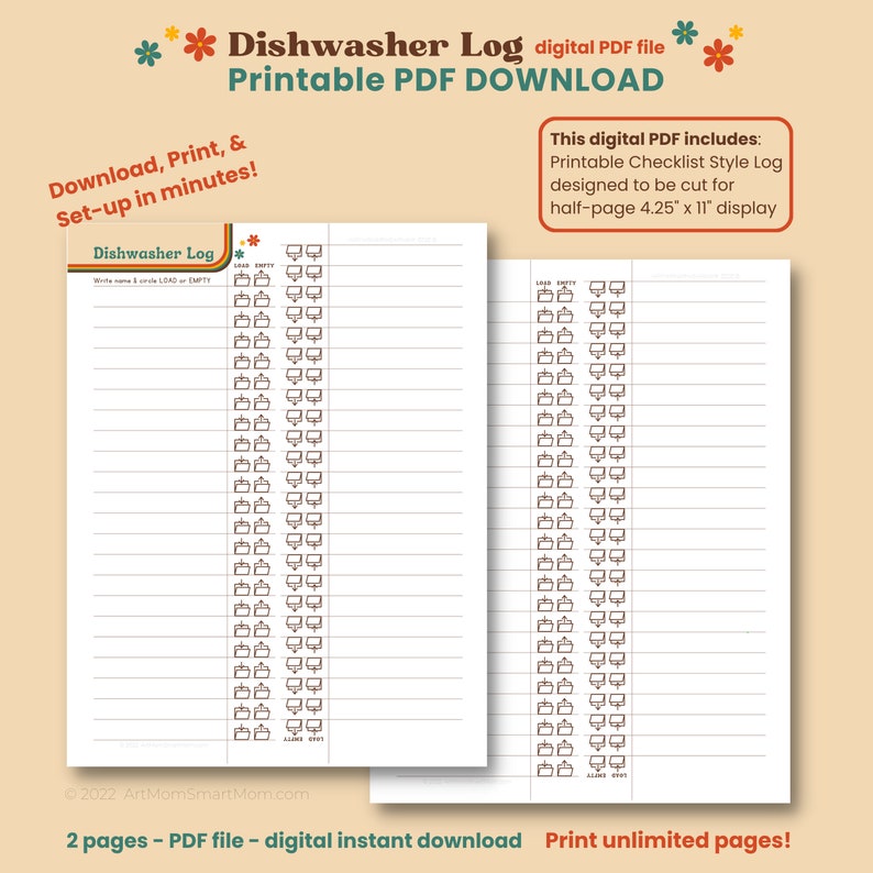 Dishwasher Log Chore Chart for Dishes - Retro Printable PDF Download ...