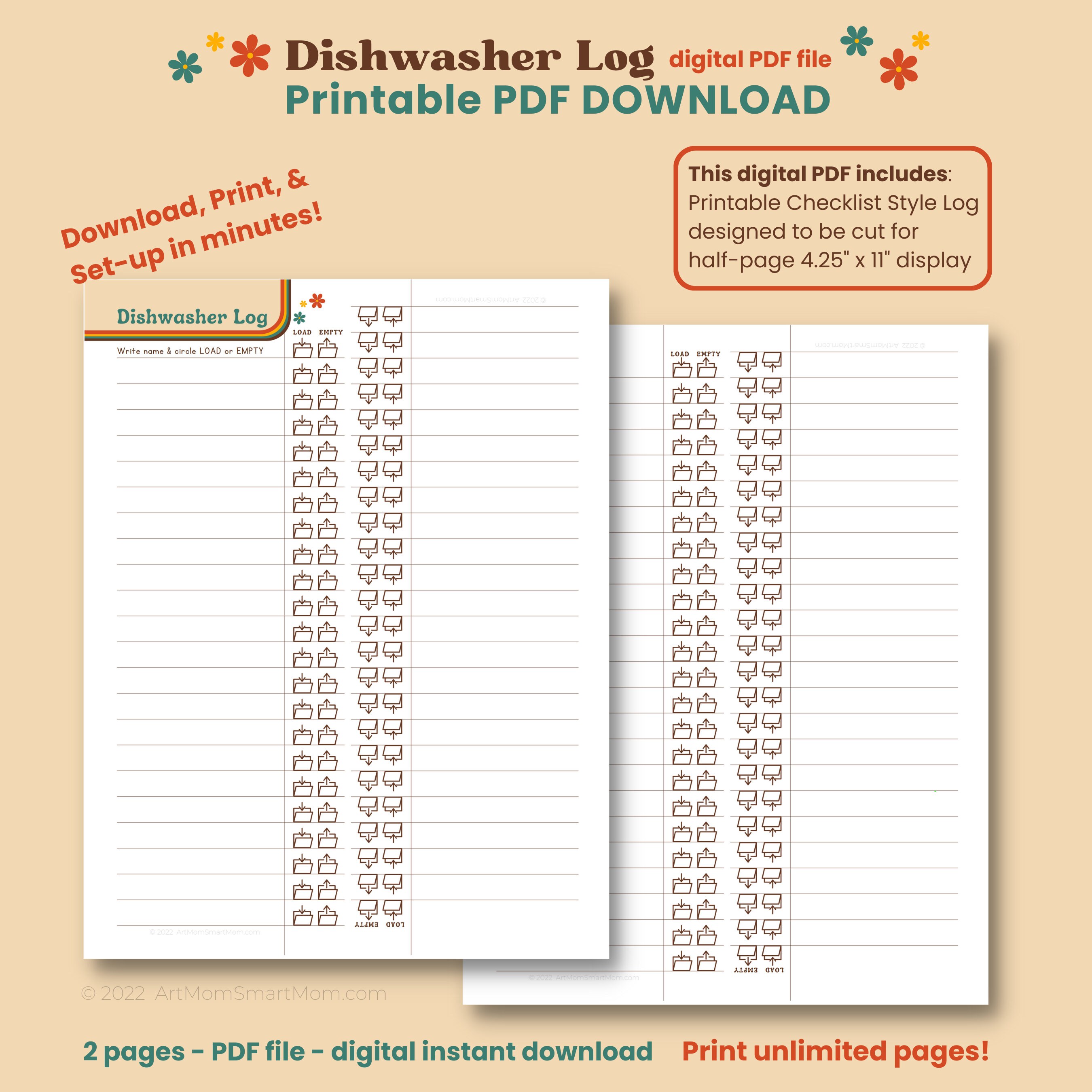 Dishwasher Log Chore Chart for Dishes - Retro Printable PDF Download ...