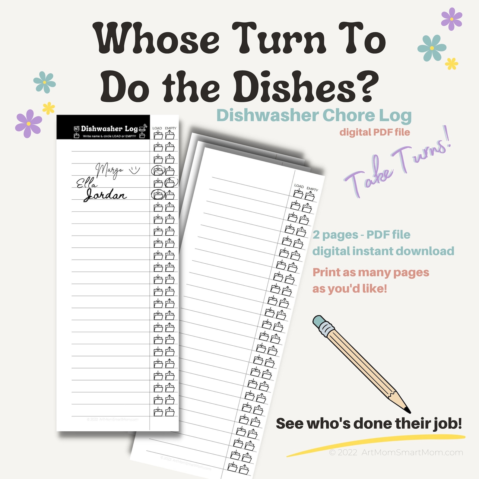 Dishwasher Log Chore Chart for Dishes - Printable PDF Download - Black ...