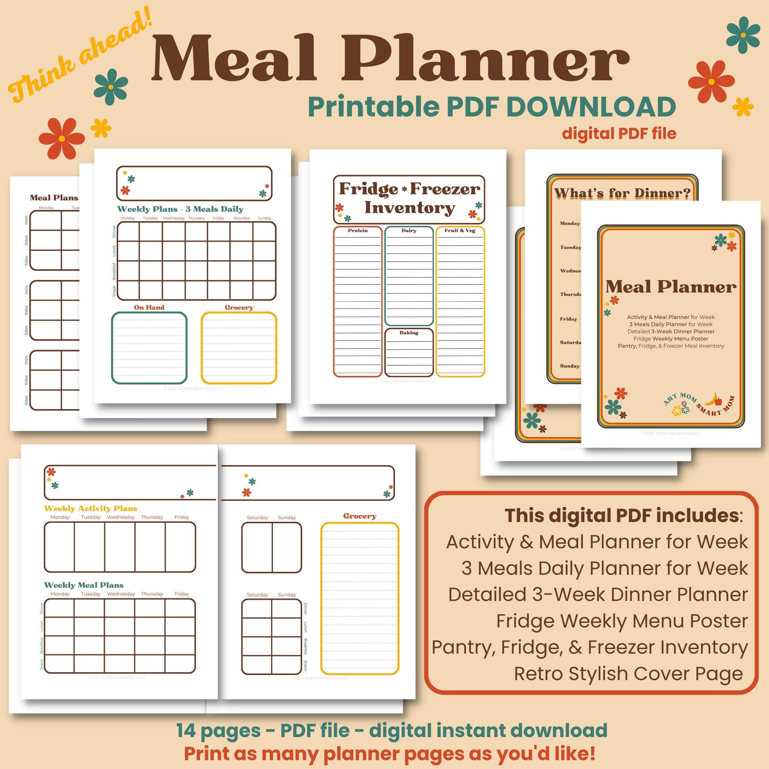 Colorful Retro Weekly Meal Planner Bundle PDF Download Ready to Print ...