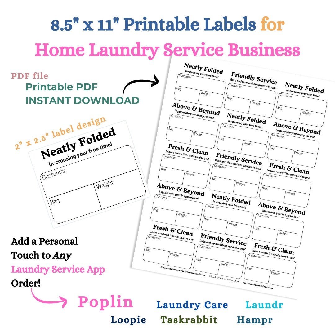 Printable Labels for WASH & FOLD Business - 8.5" X 11" Printable PDF ...
