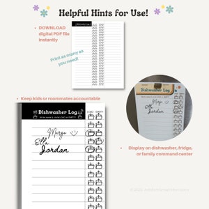 Dishwasher Log Chore Chart for Dishes - Printable PDF Download - Black ...