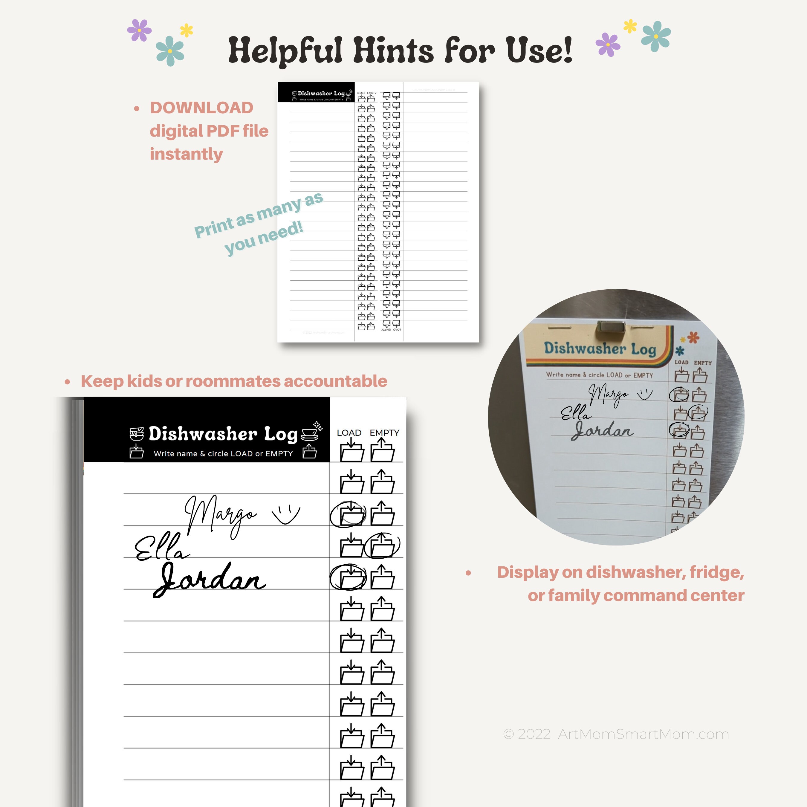 Dishwasher Log Chore Chart for Dishes - Printable PDF Download - Black ...