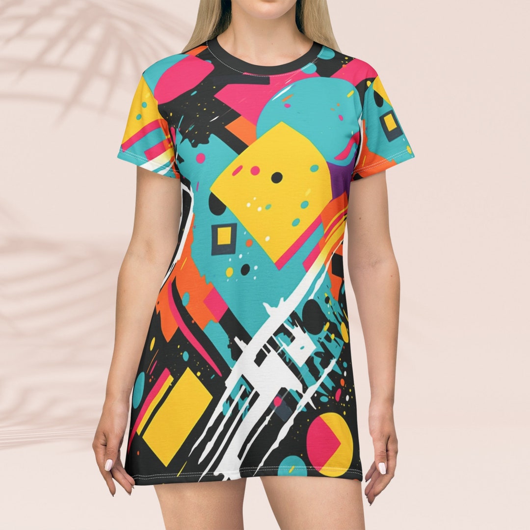 Pop Art Dress T-shirt Dress With Abstract All Over Print, Modern Retro ...