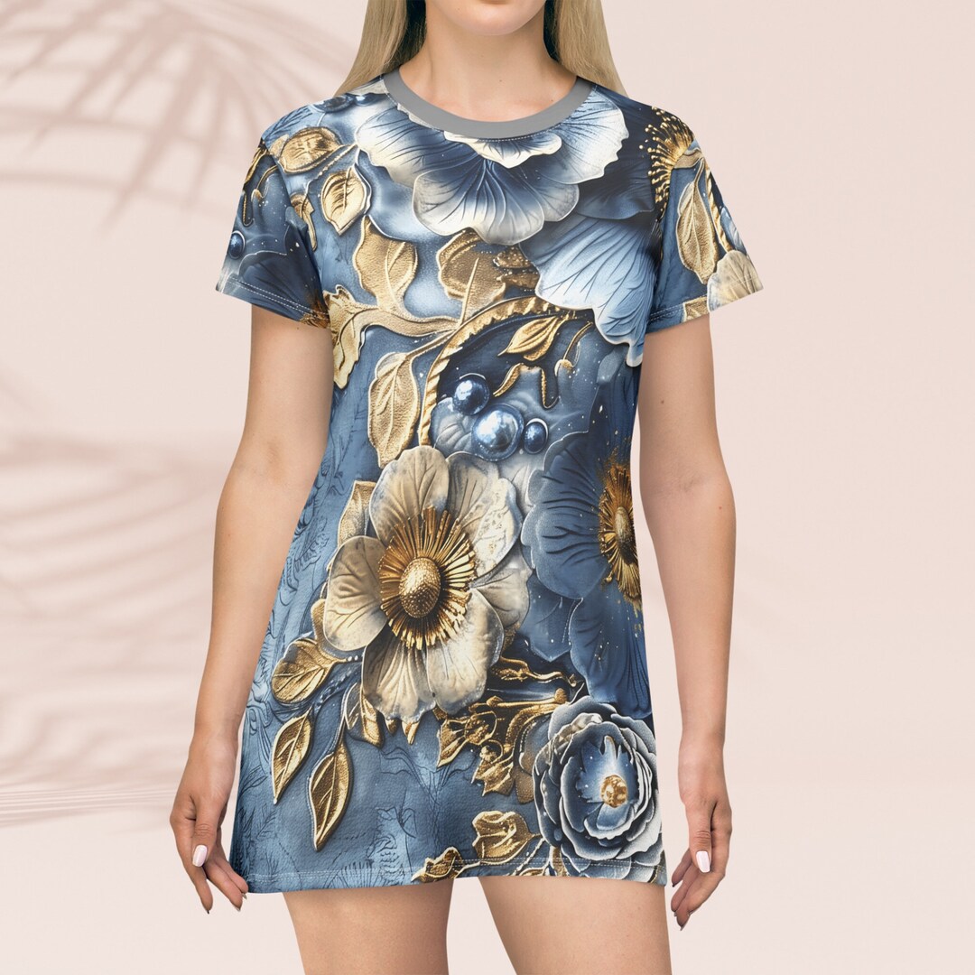 Blue Flower T-shirt Dress, Modern Flower Pattern T-shirts, Floral ...