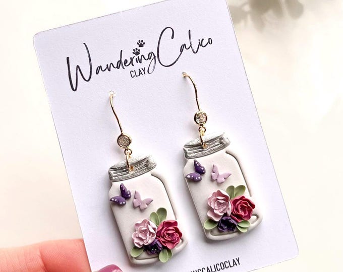 Floral Mason Jar Clay Earrings, Unique Handmade Spring Gifts, Nature ...