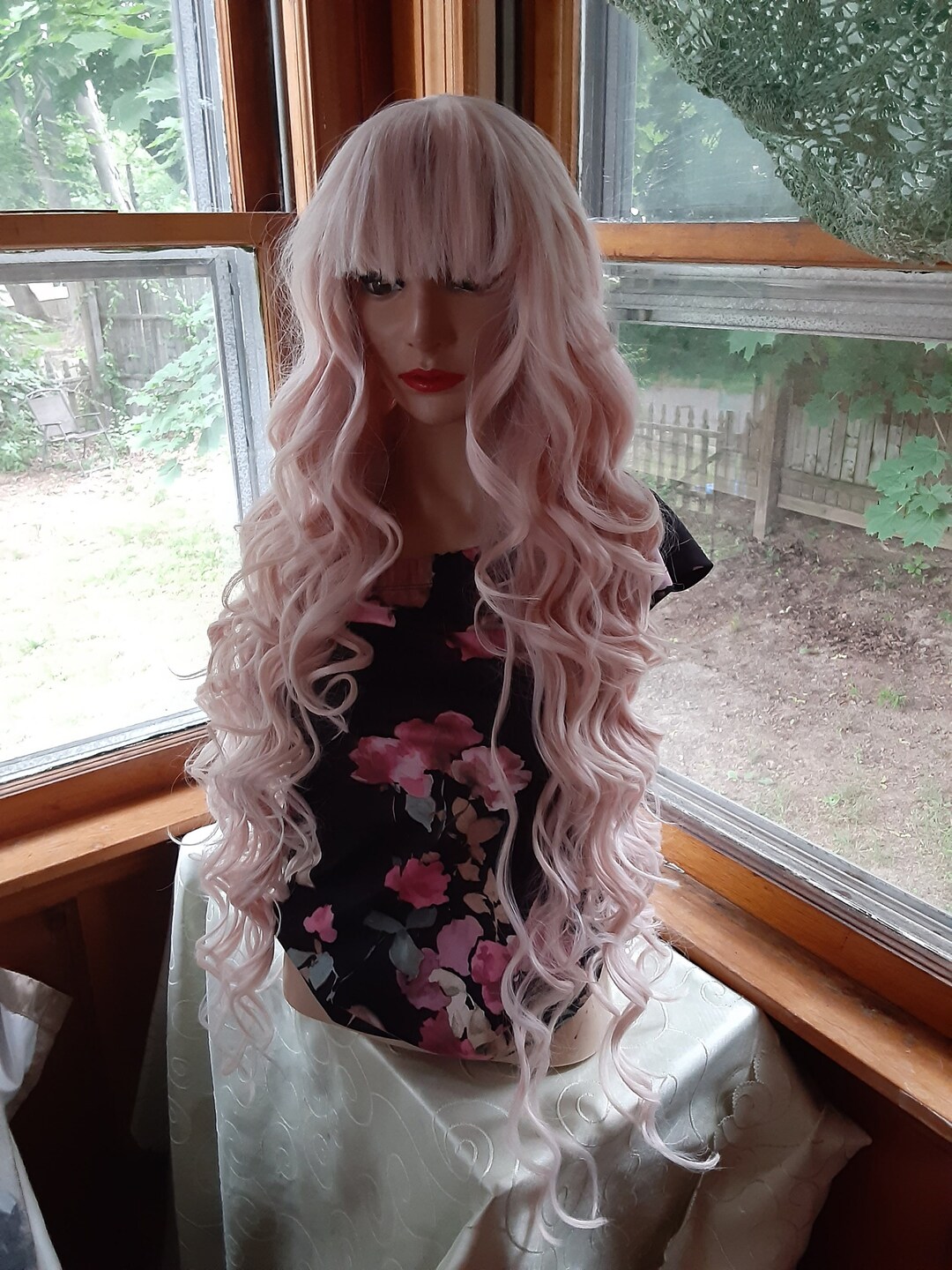 Light Pink Wig With Bangs Long Wavy Lace Front. 36'' - Etsy