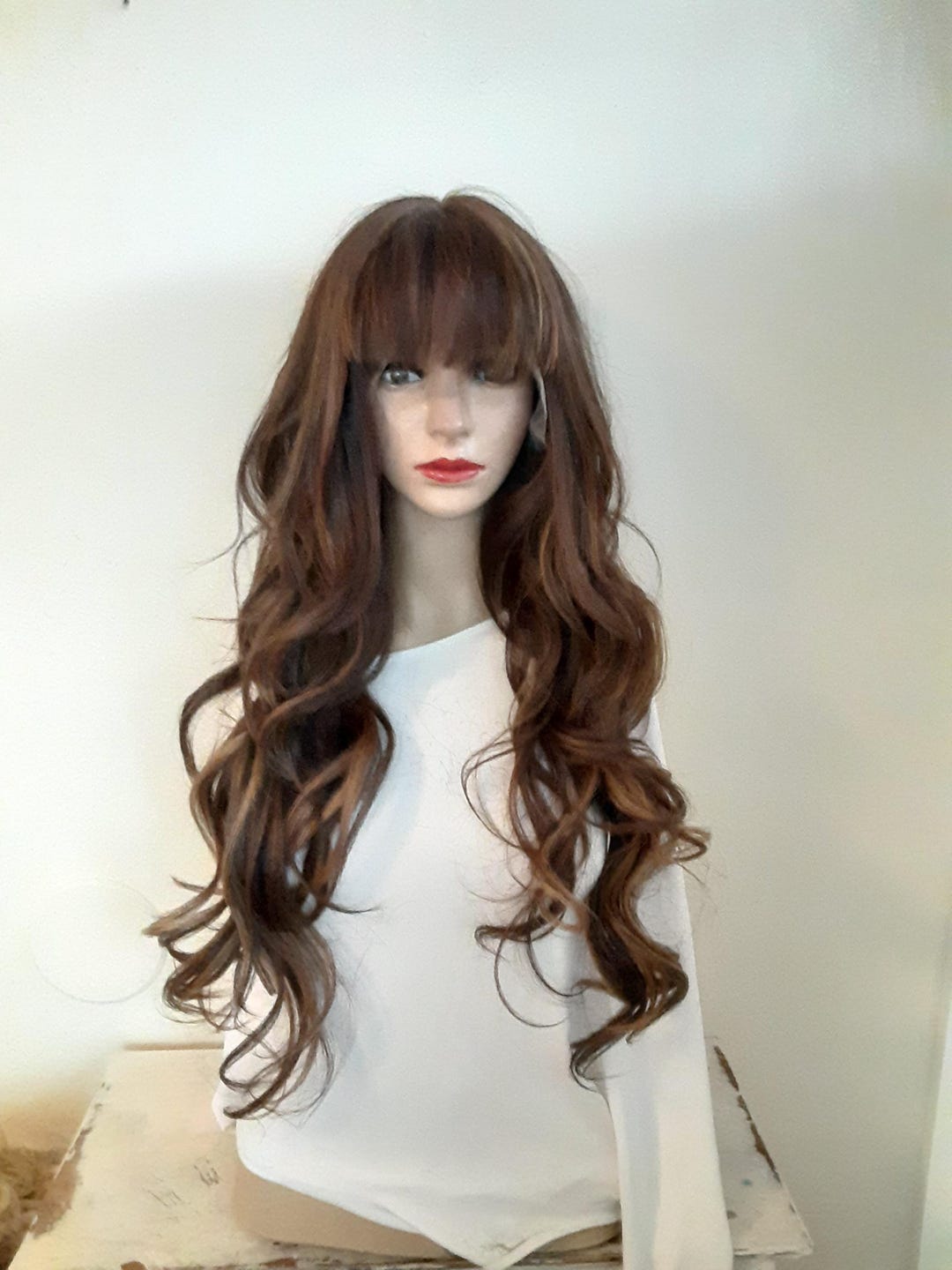 Chocolate Brown Lace Front Wig With Highlights 26'' With Bangs - Etsy