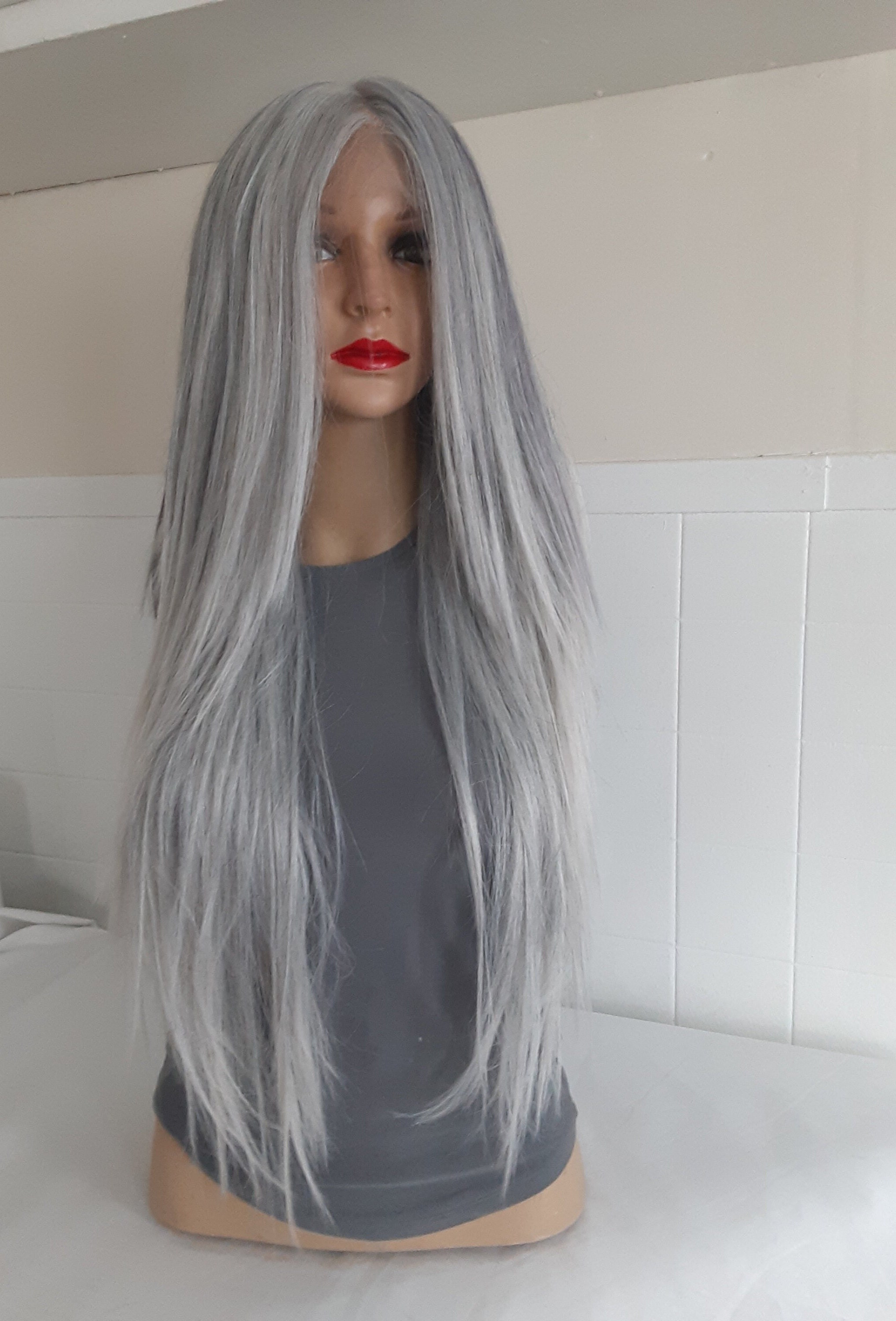 Light Gray With Dark Gray Highlights Lace Front Wig Layered 26'' - Etsy