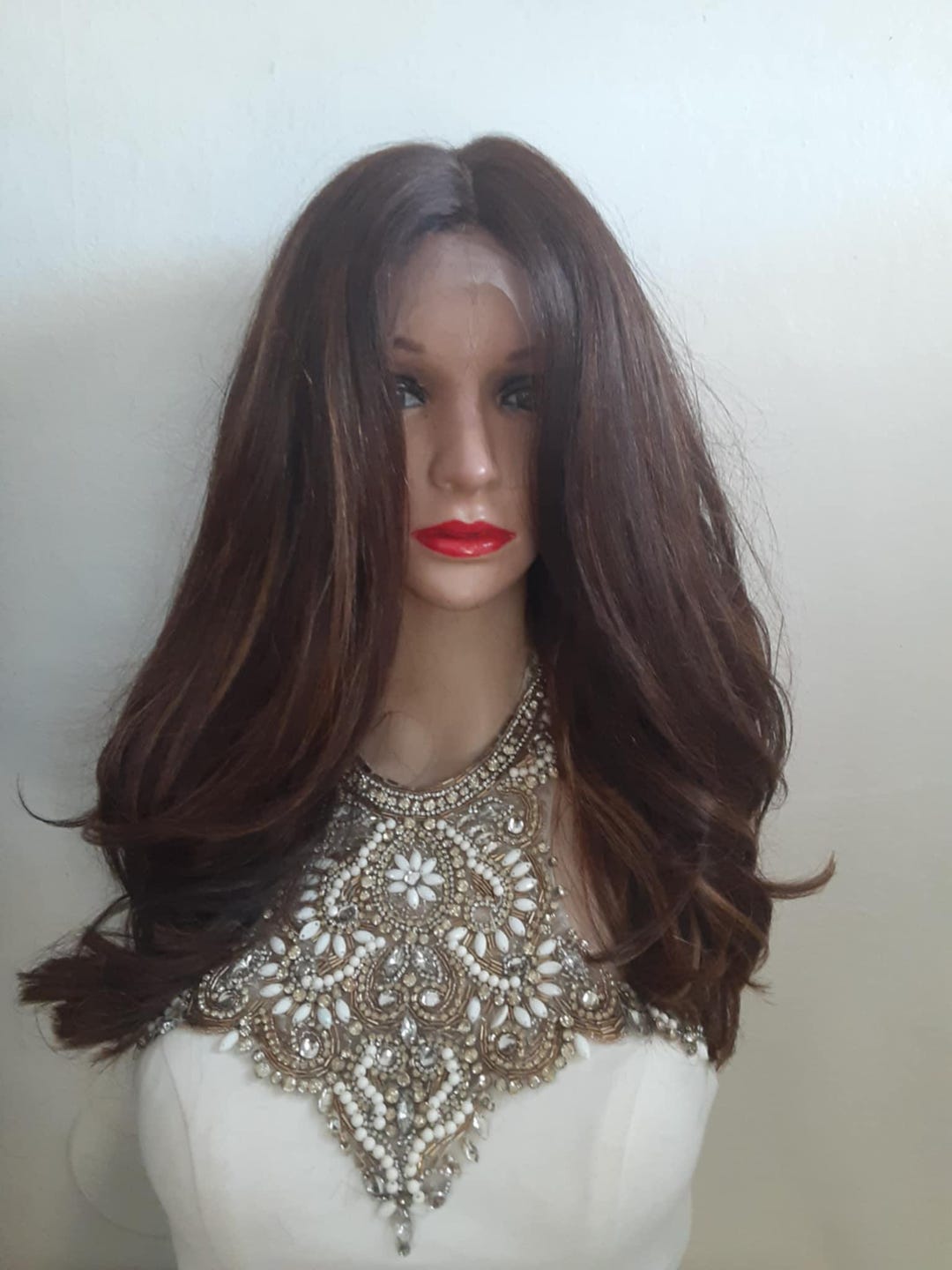 Chocolate Brown Lace Front Wig With Highlights 18'' - Etsy