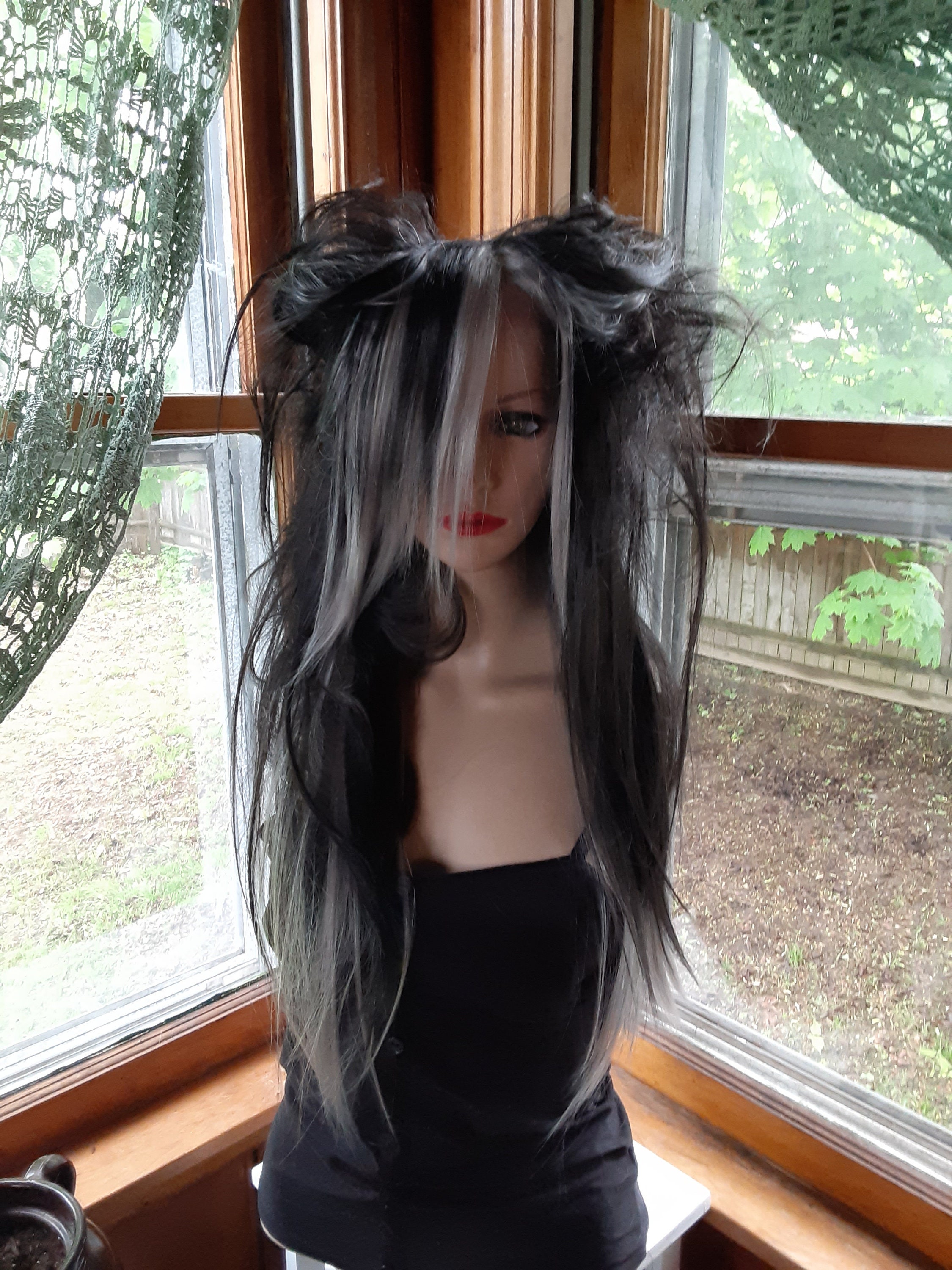 Black & Silver EMO Wig Scene Wig Gothic, Bat Nest Wig Human Hair Blend ...