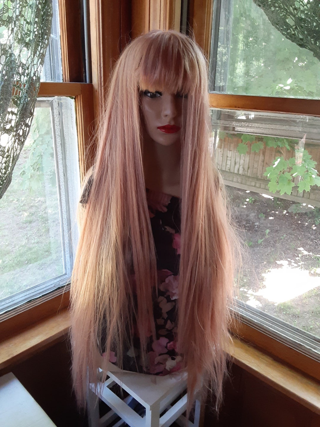 Rose Pink Wig With Bangs Straight 28'' - Etsy