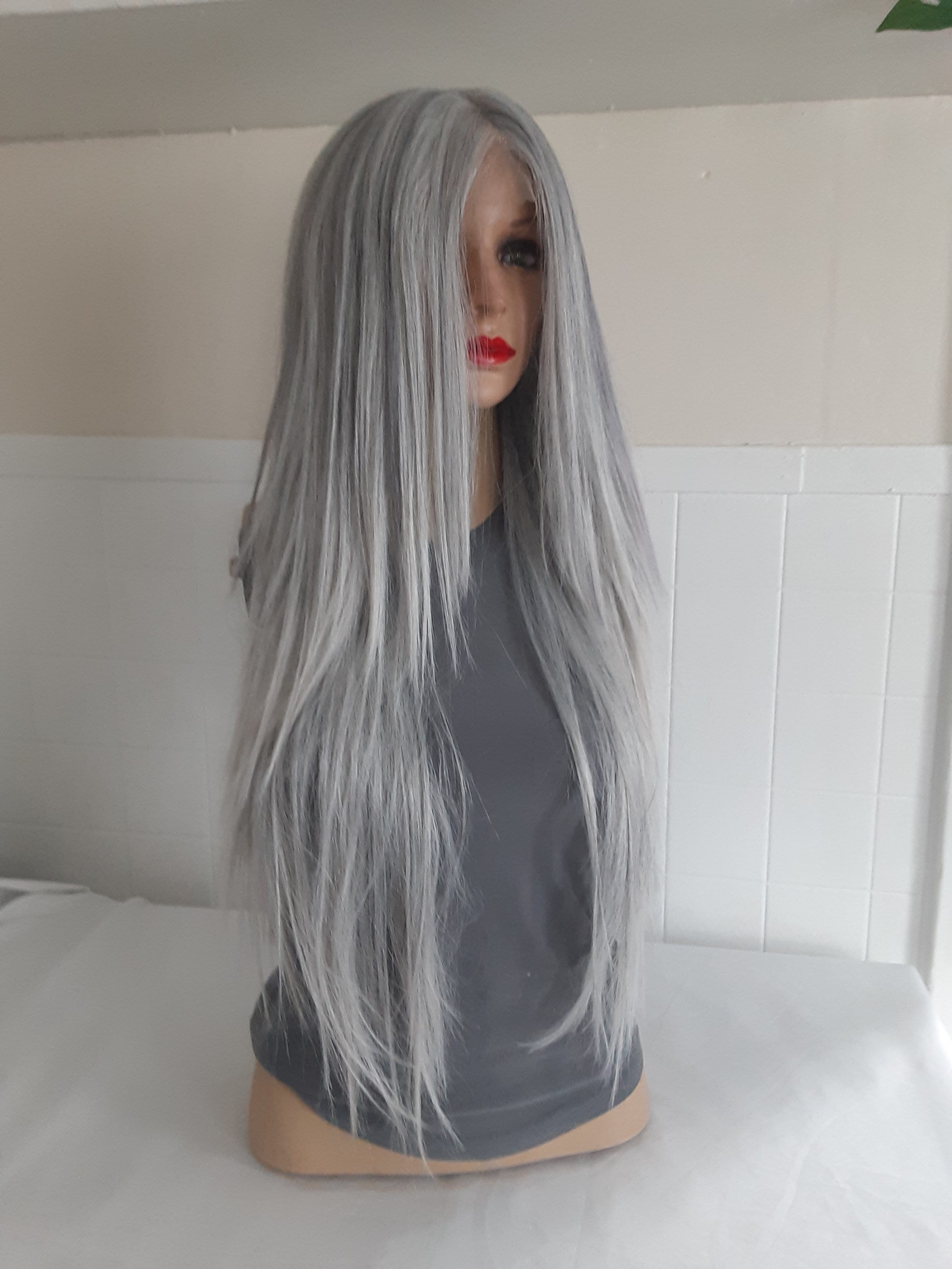 Light Gray With Dark Gray Highlights Lace Front Wig Layered 26'' - Etsy