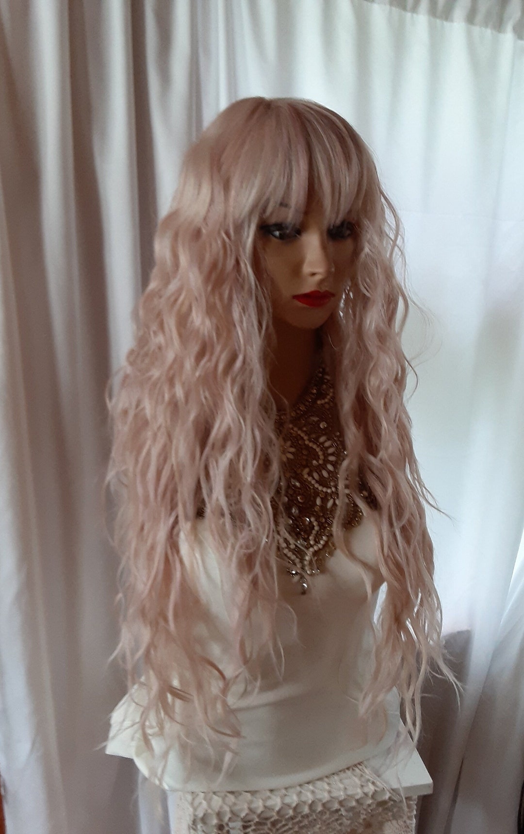 2 Shades of Pink Wig With Bangs Wavy. - Etsy