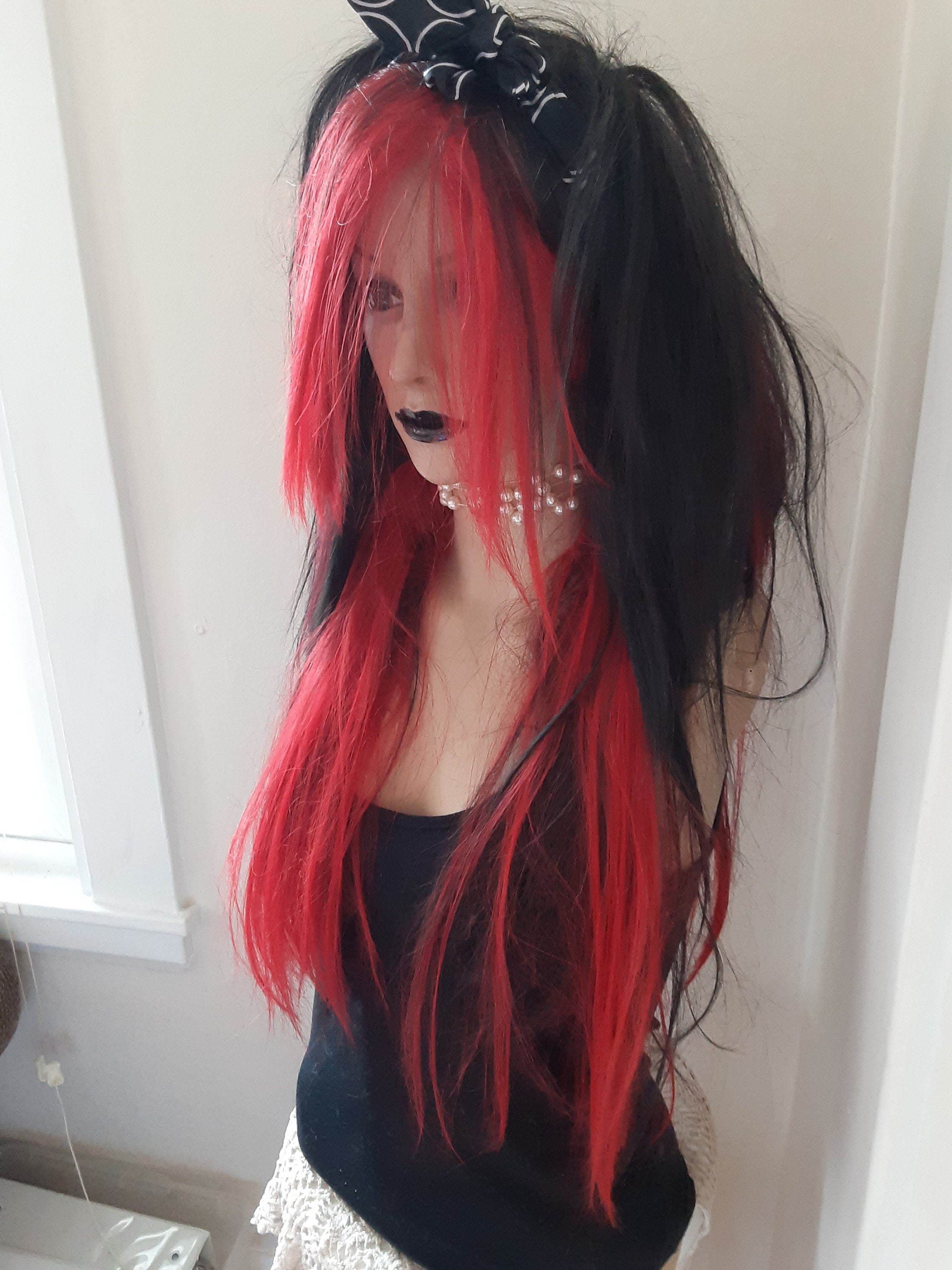 Black & Red Long EMO Wig Gothic, Wig Human Hair Mix - Etsy
