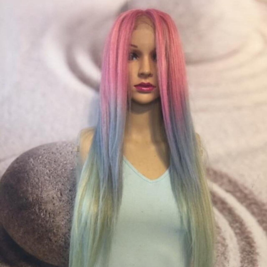 Multi Colored Wig, Pink Blue Green Lace Front Wig. Straight Wig With ...