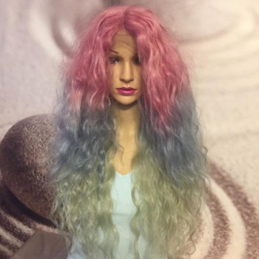 Multi Colored Wig, Pink Blue Green Lace Front Wig. Wavy Wig With Colors ...
