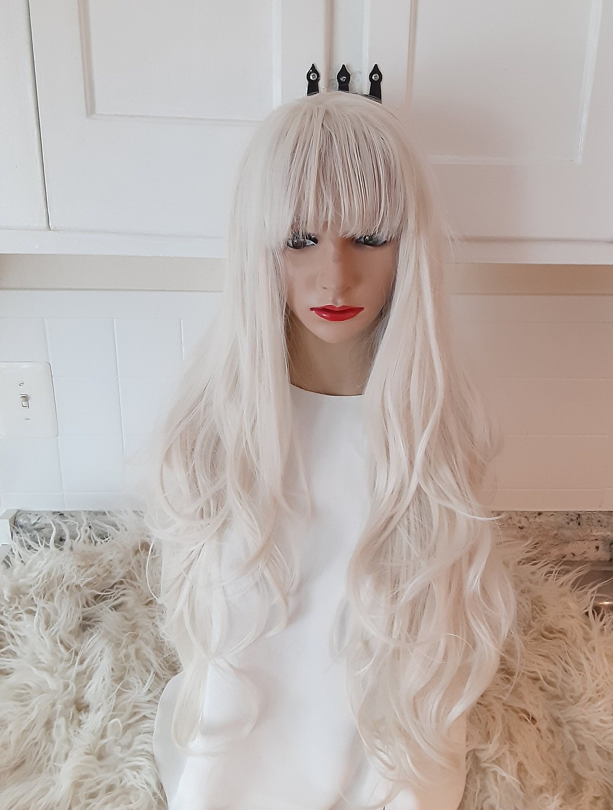 Platinum Blonde Lace Front Wig Human Hair Blend With Bangs Etsy