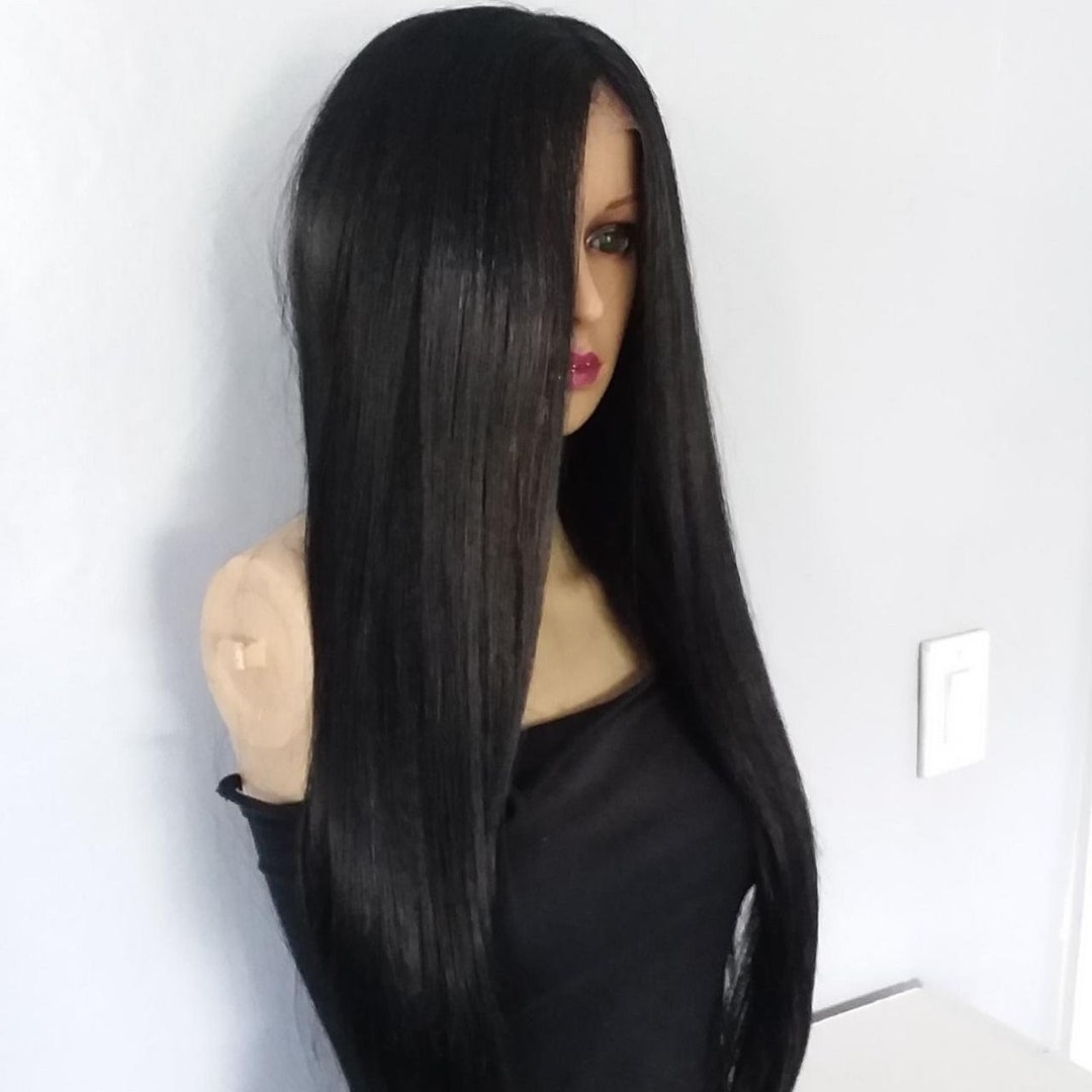 Black Lace Front Wig Human Hair Blend Straight - Etsy