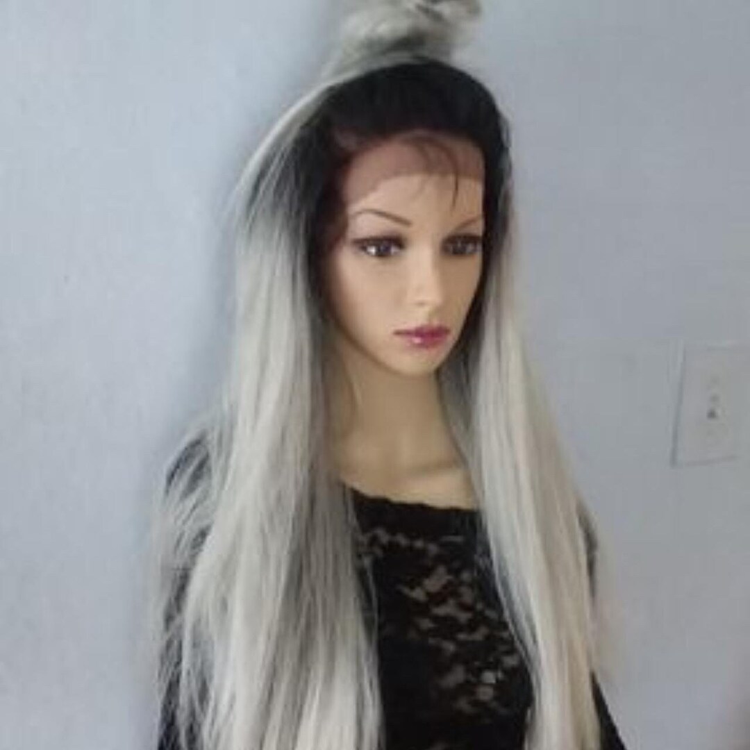Silver Gray Lace Front Wig With Black Roots - Etsy
