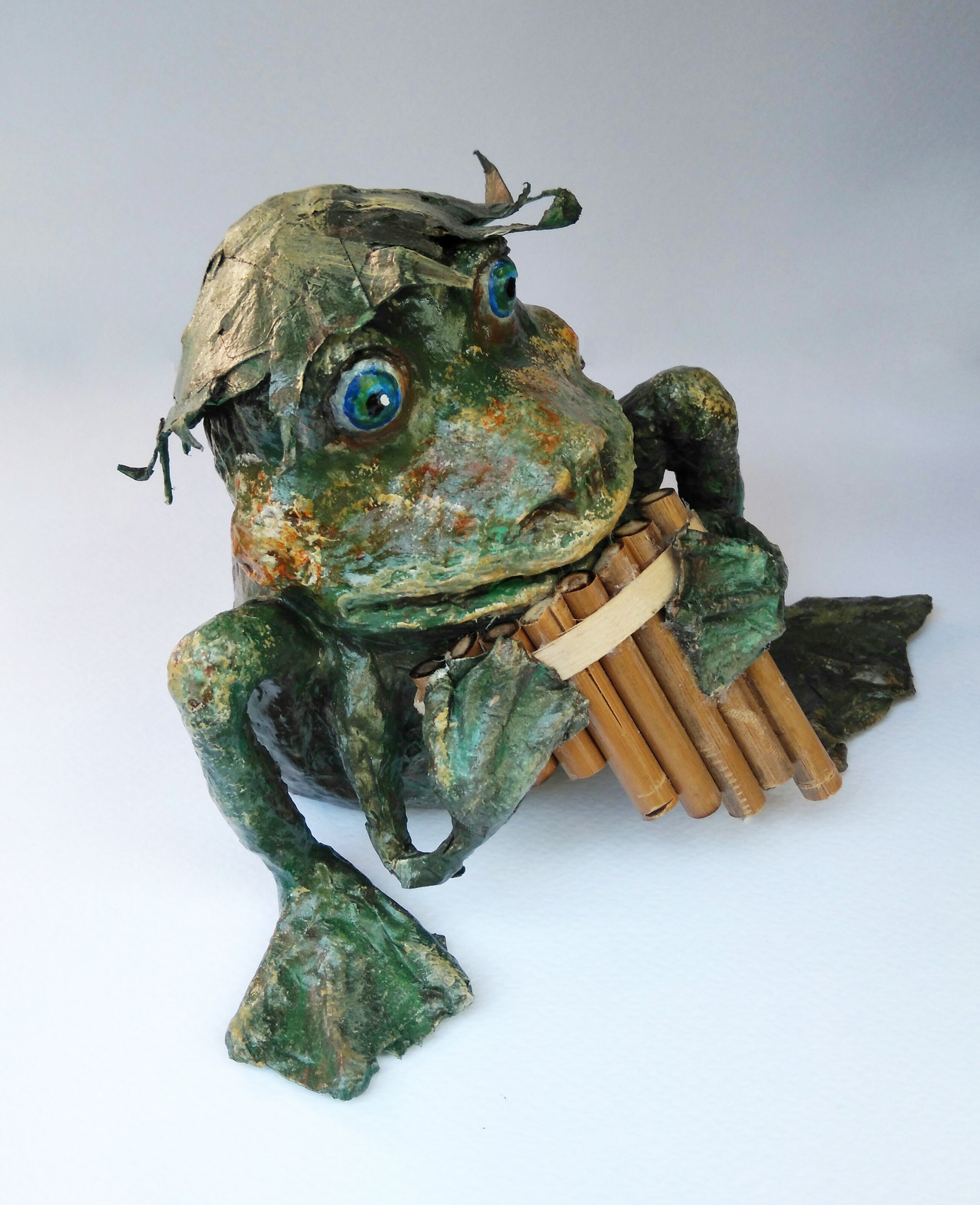 Frog-musician - Paper Mache Animal Figurine Playing on a Pan Flute ...