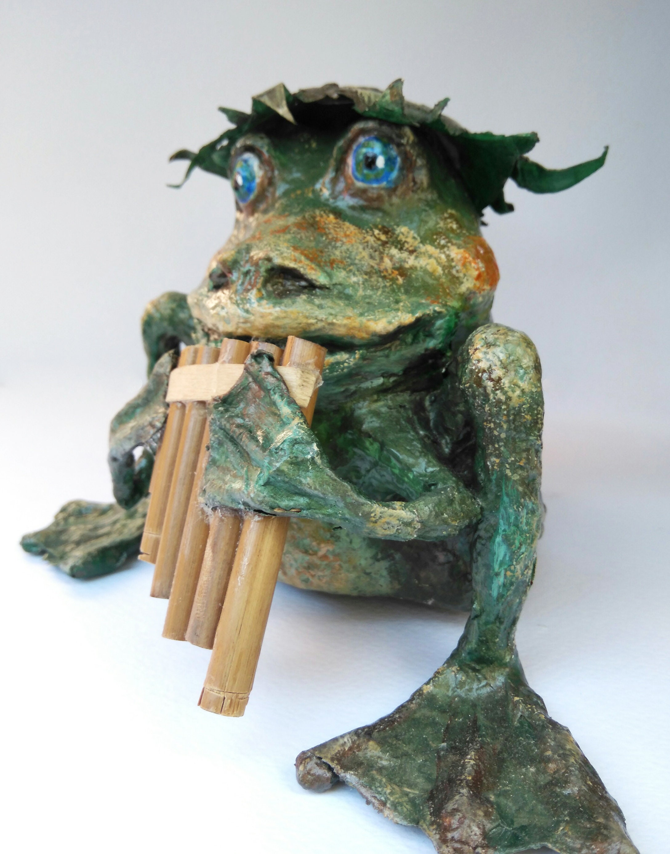 Frog-musician - Paper Mache Animal Figurine Playing on a Pan Flute ...