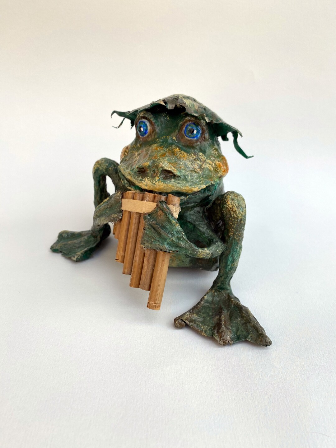 Frog-musician - Paper Mache Animal Figurine Playing on a Pan Flute ...
